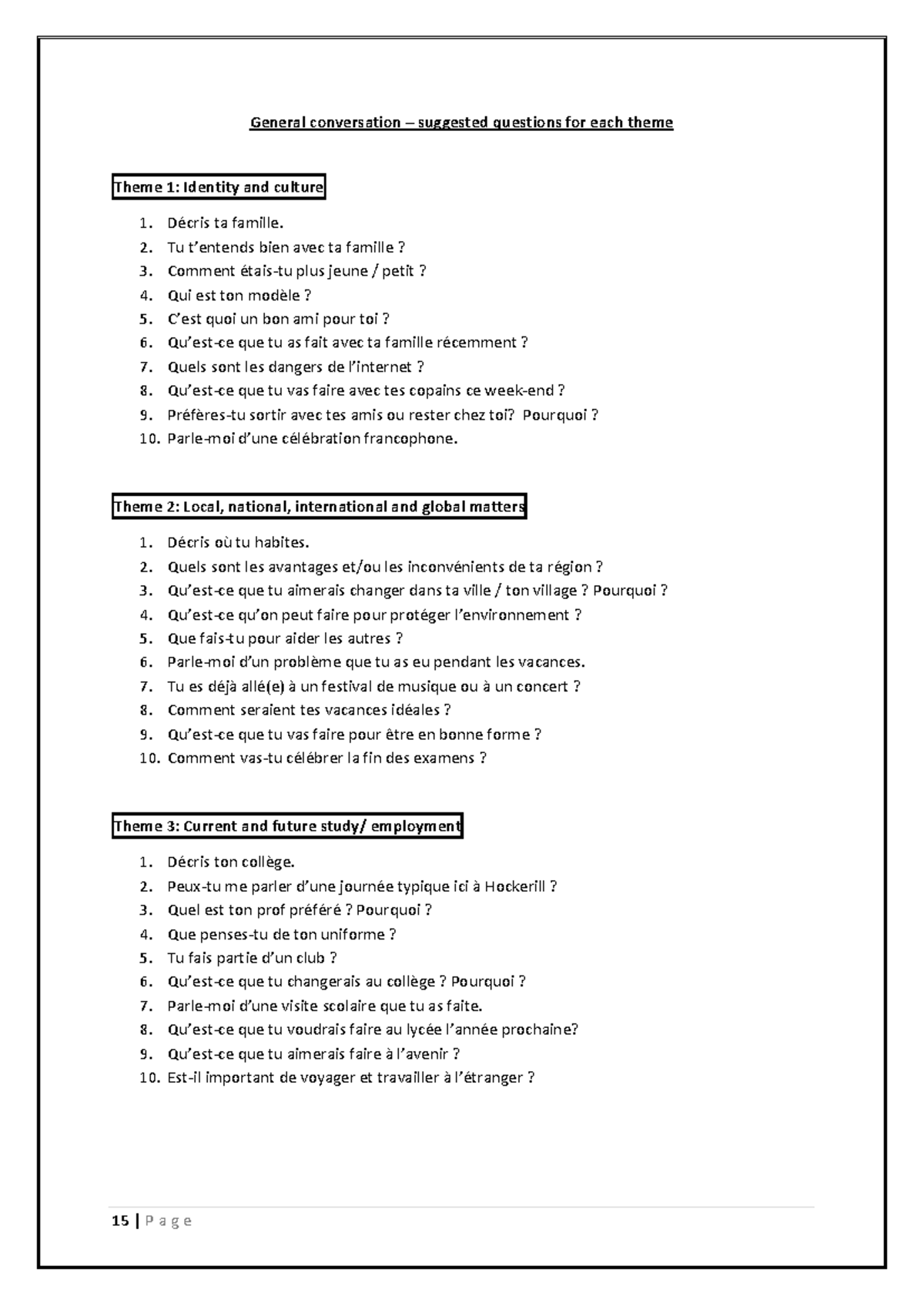 Questions Speaking - 15 | P a g e General conversation – suggested ...