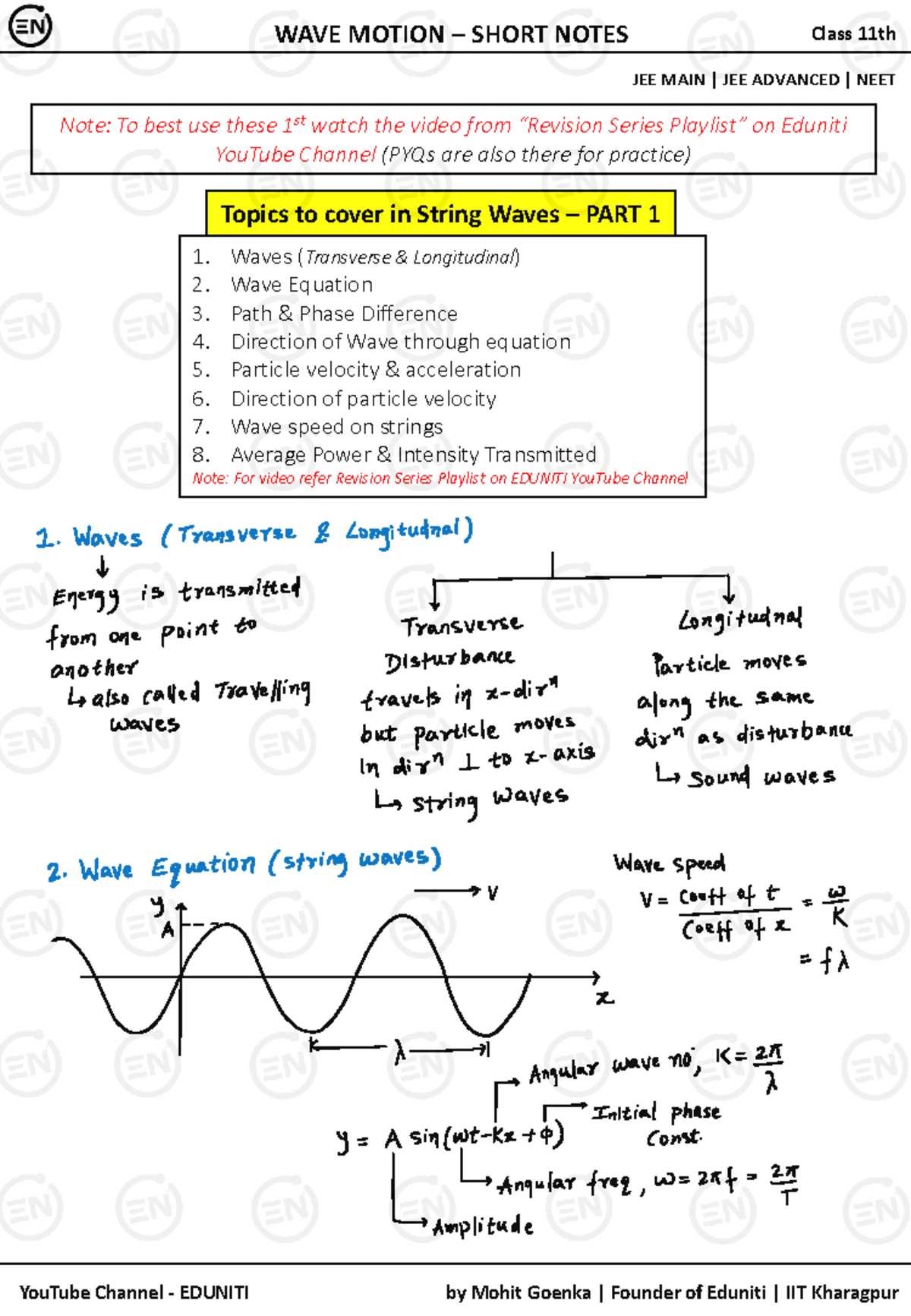 Wave Motion Short Notes Eduniti - 1. Waves (Transverse & Longitudinal ...