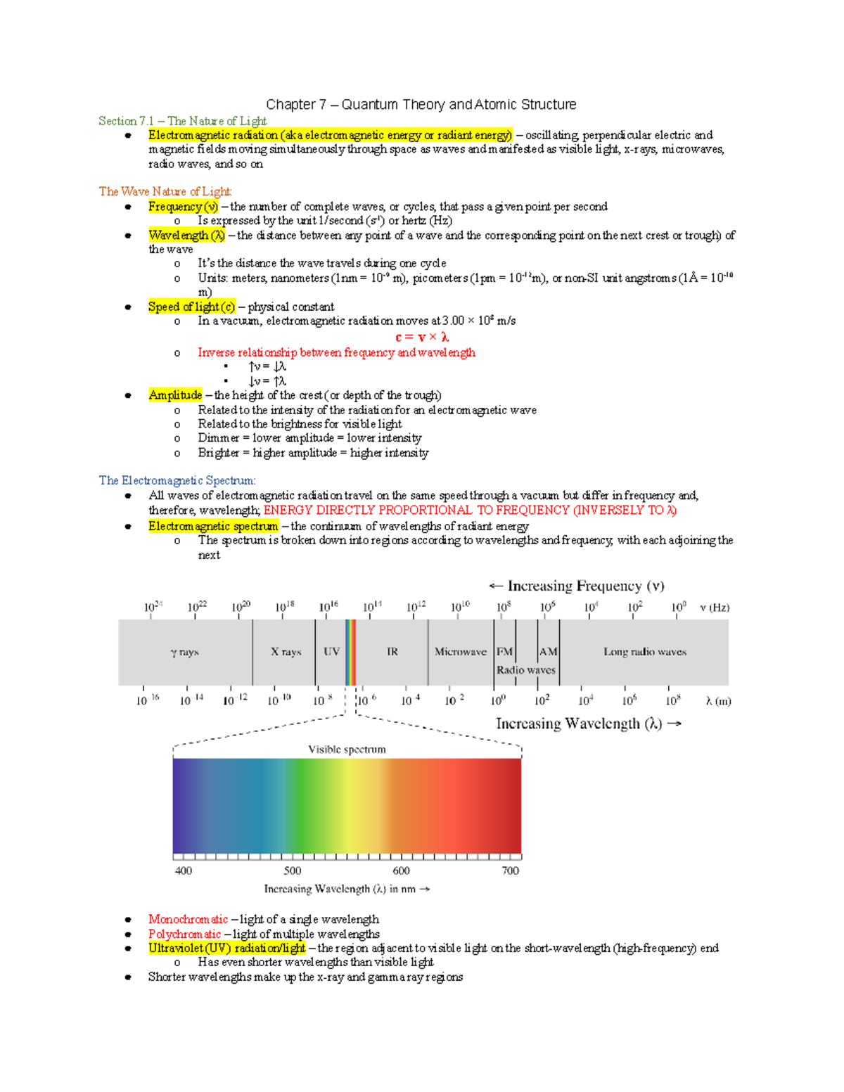 Chapter 7 Notes - Chapter 7 – Quantum Theory and Atomic Structure ...