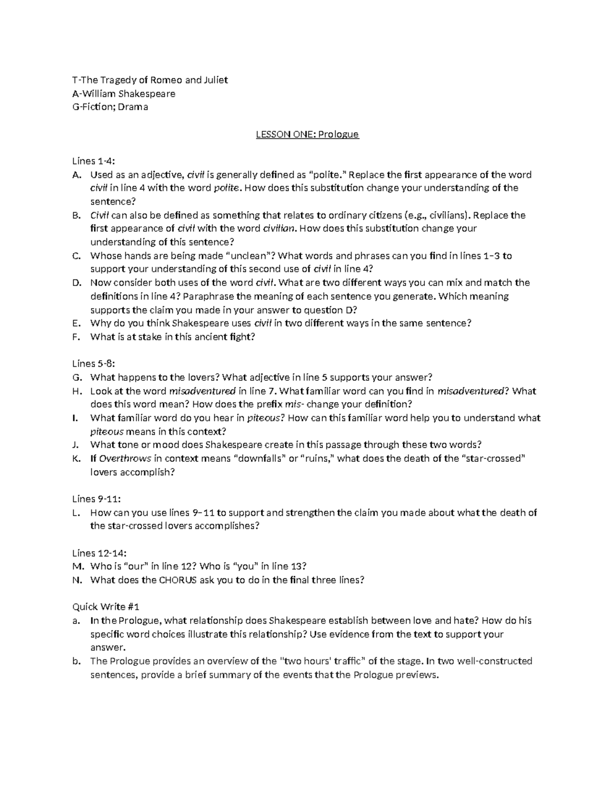 Romeo and juliet lesson 1 - T-The Tragedy of Romeo and Juliet A-William ...