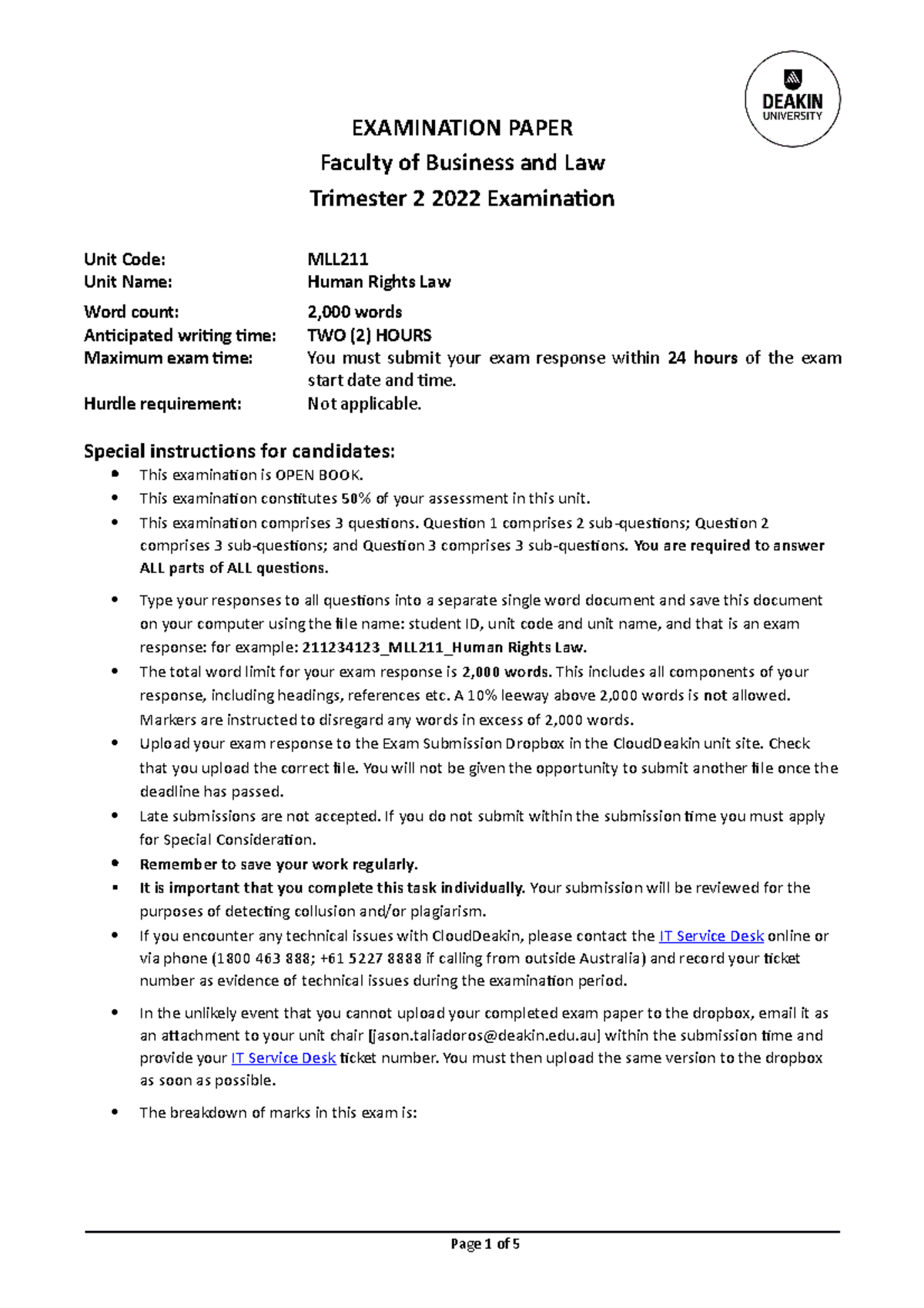 T2 2022 MLL211 Exam - EXAMINATION PAPER Faculty of Business and Law ...