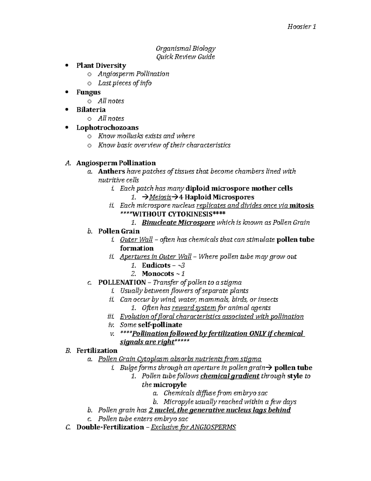 BIOL 1030 Quick Review – Exam 3 - Organismal Biology Quick Review Guide ...