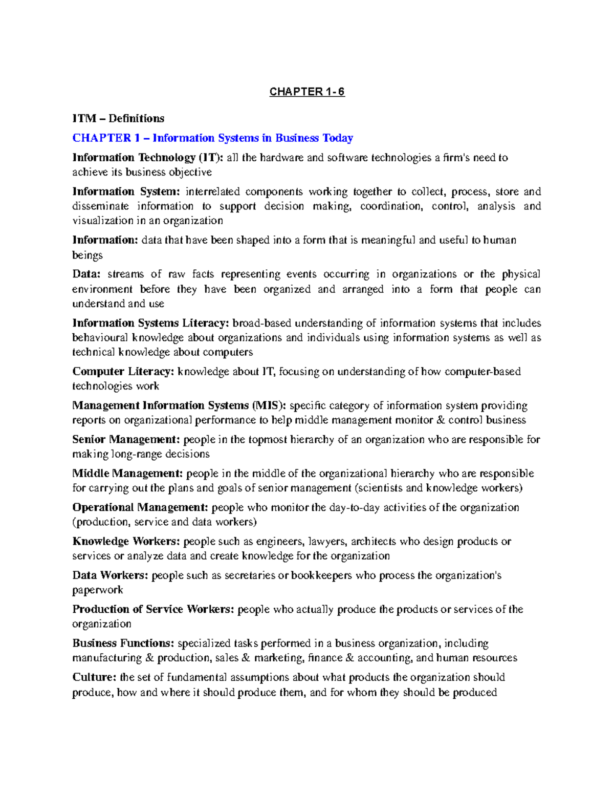 ITM Chapters 1-6 - Lecture notes 1-6 - CHAPTER 1- 6 ITM – Definitions ...