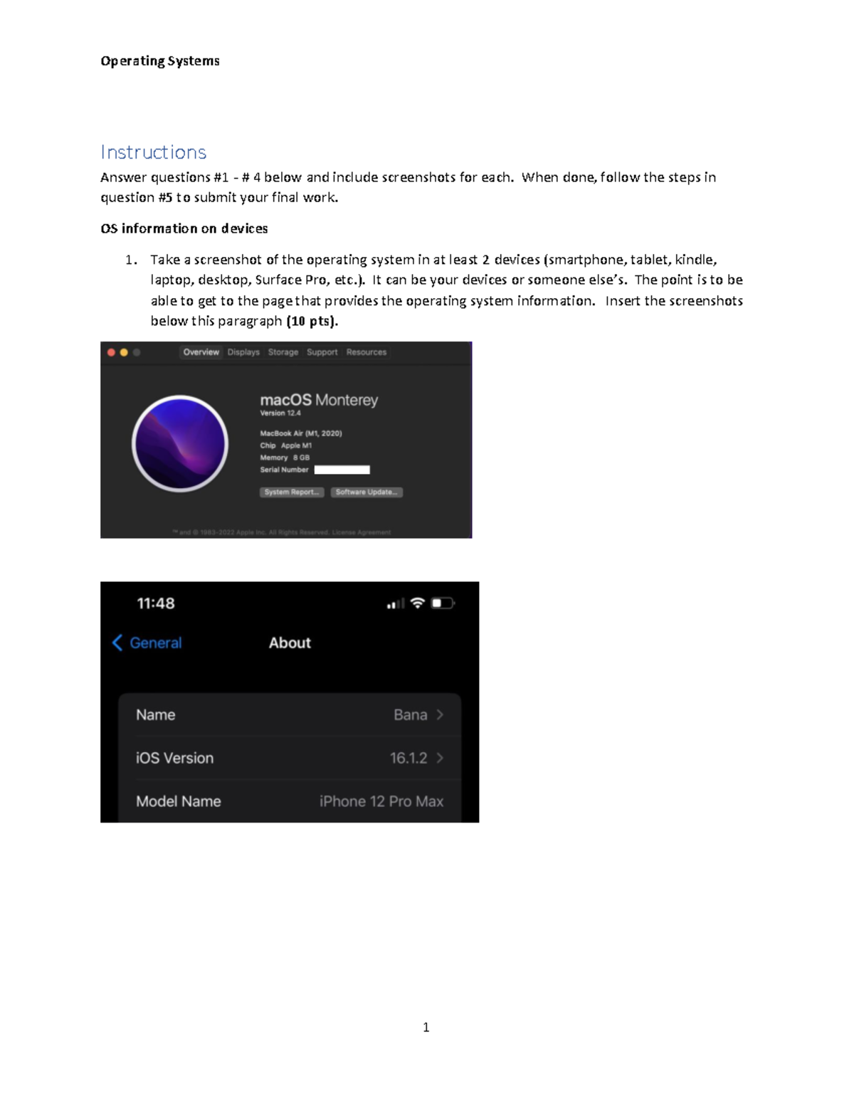 OS assignment - Operating Systems 1 Instructions Answer questions #1 - # 4 below and include ...