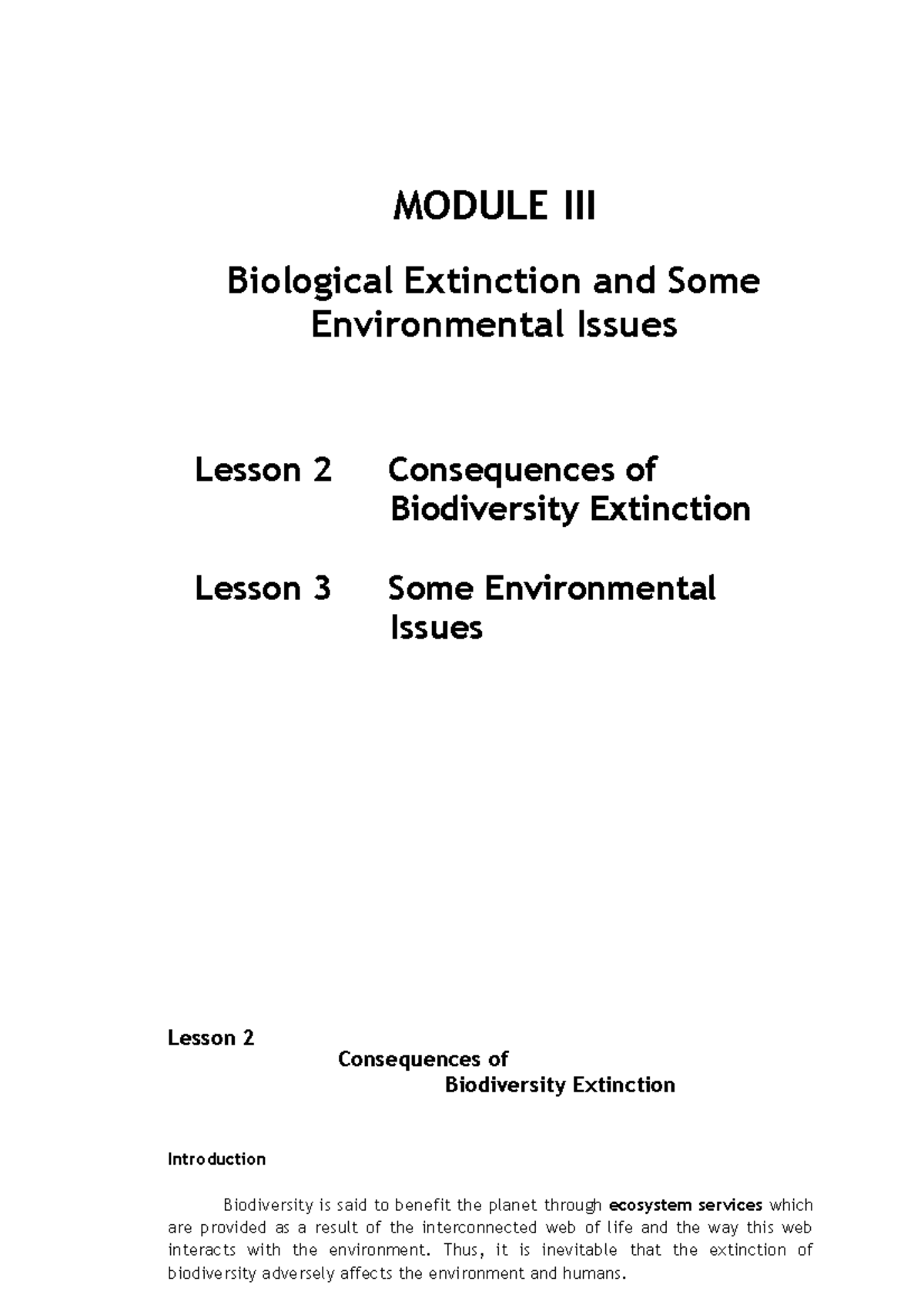 Module III Lesson 2 to 3 - MODULE III Biological Extinction and Some Environmental Issues Lesson ...
