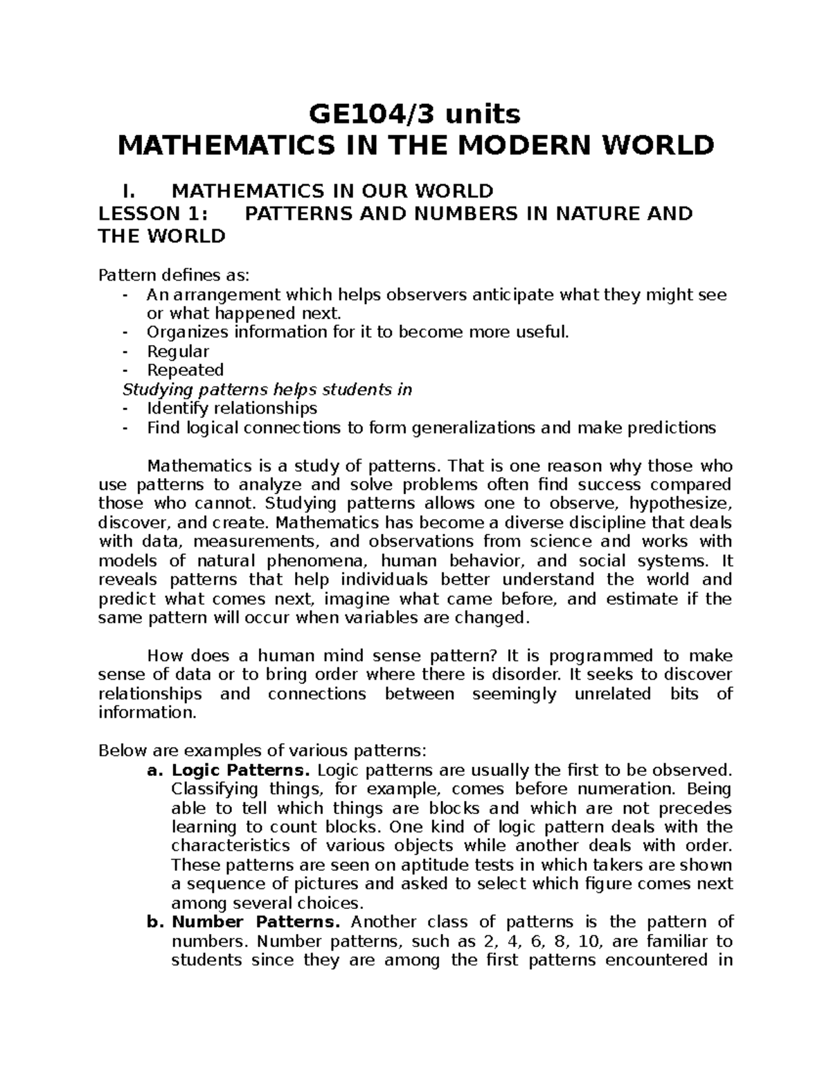1 Mathematics IN OUR World - GE104/3 units MATHEMATICS IN THE MODERN ...