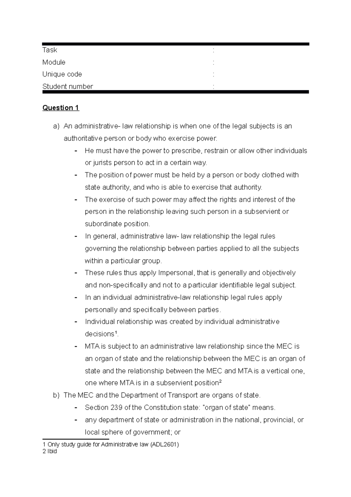 Assignment 1 ADL - Task : Module : Unique code : Student number ...