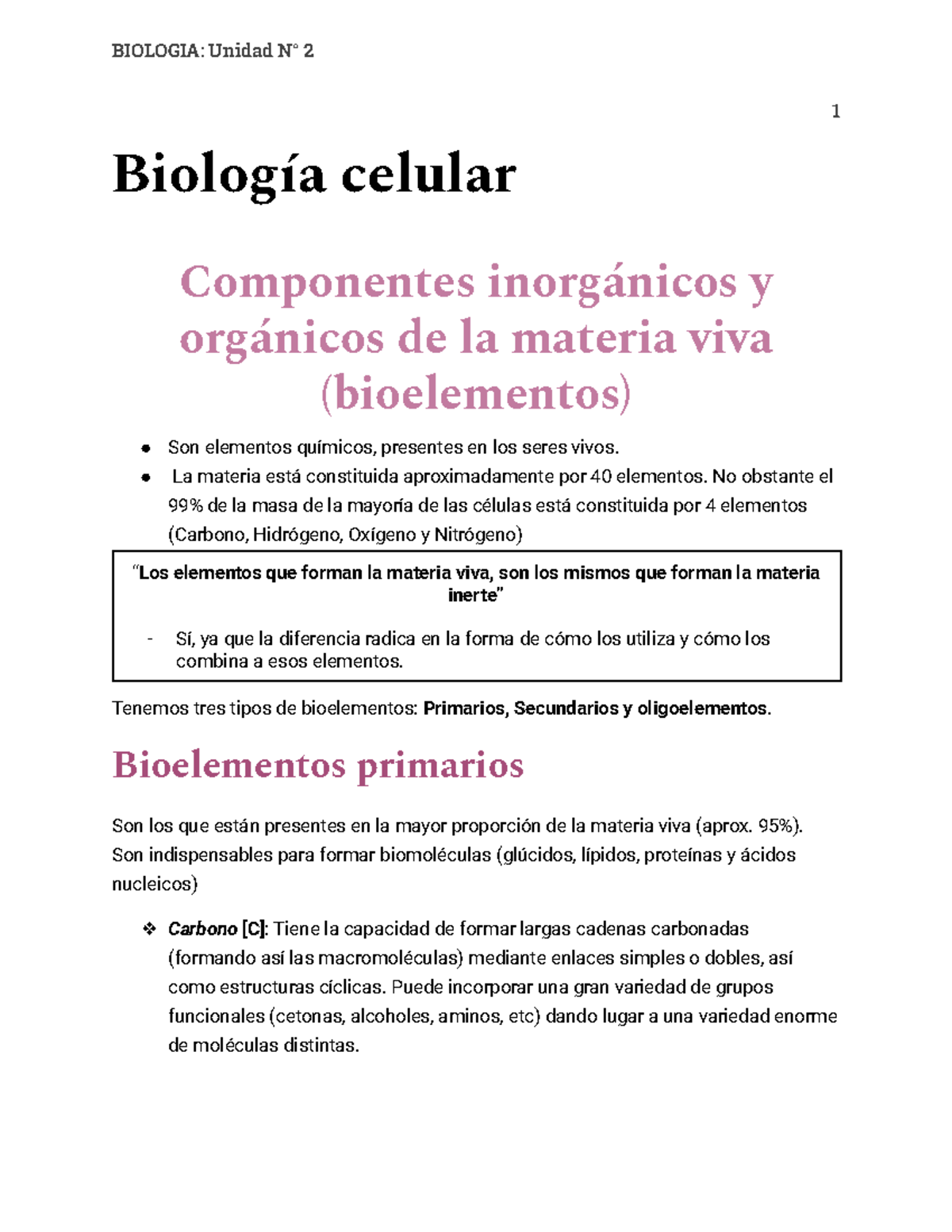 Los bioelementos - BIOLOGIA: Unidad N° 2 1 Biología celular Componentes ...