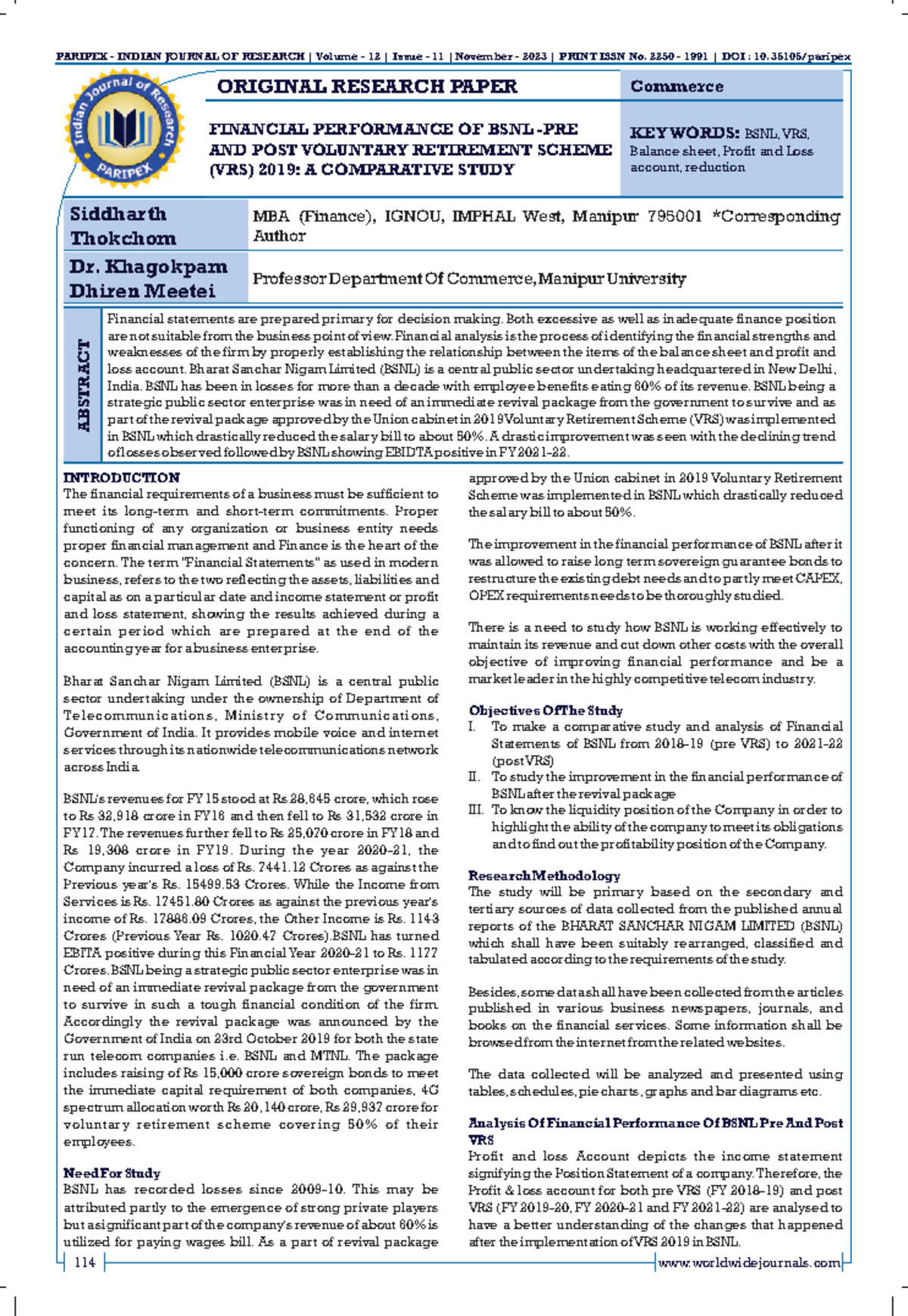 Bsnl - PARIPEX - INDIAN JOURNAL OF RESEARCH | Volume - 12 | Issue - 11 ...