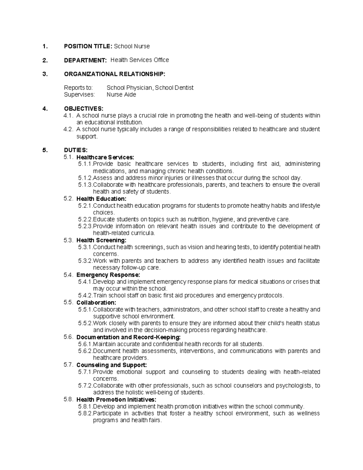 PSY112- School- Nurse-JOB- Description - POSITION TITLE: School Nurse ...