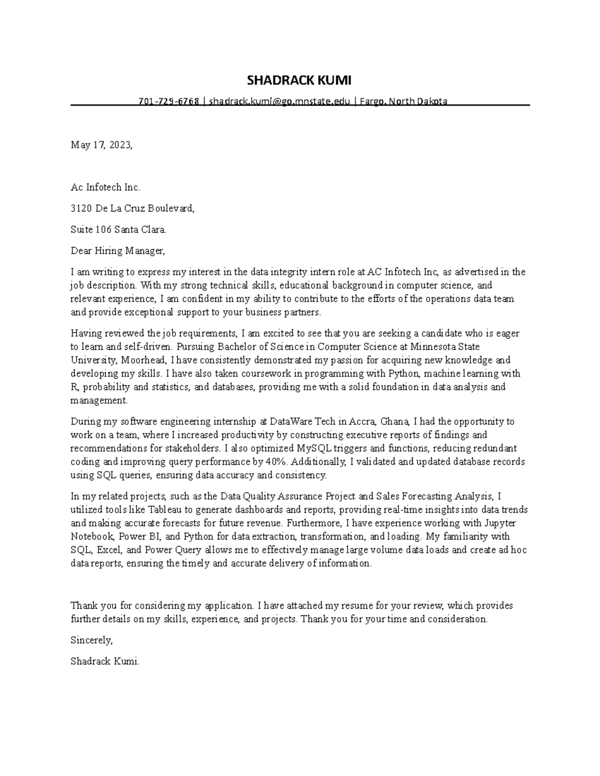 Ac Infotech Inc Cover Letter - SHADRACK KUMI 701-729-6768 | shadrack@go ...