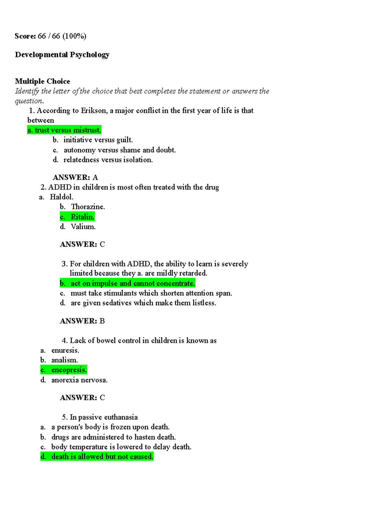 Developmental Psychology - Score: 66 / 66 (100%) Developmental ...