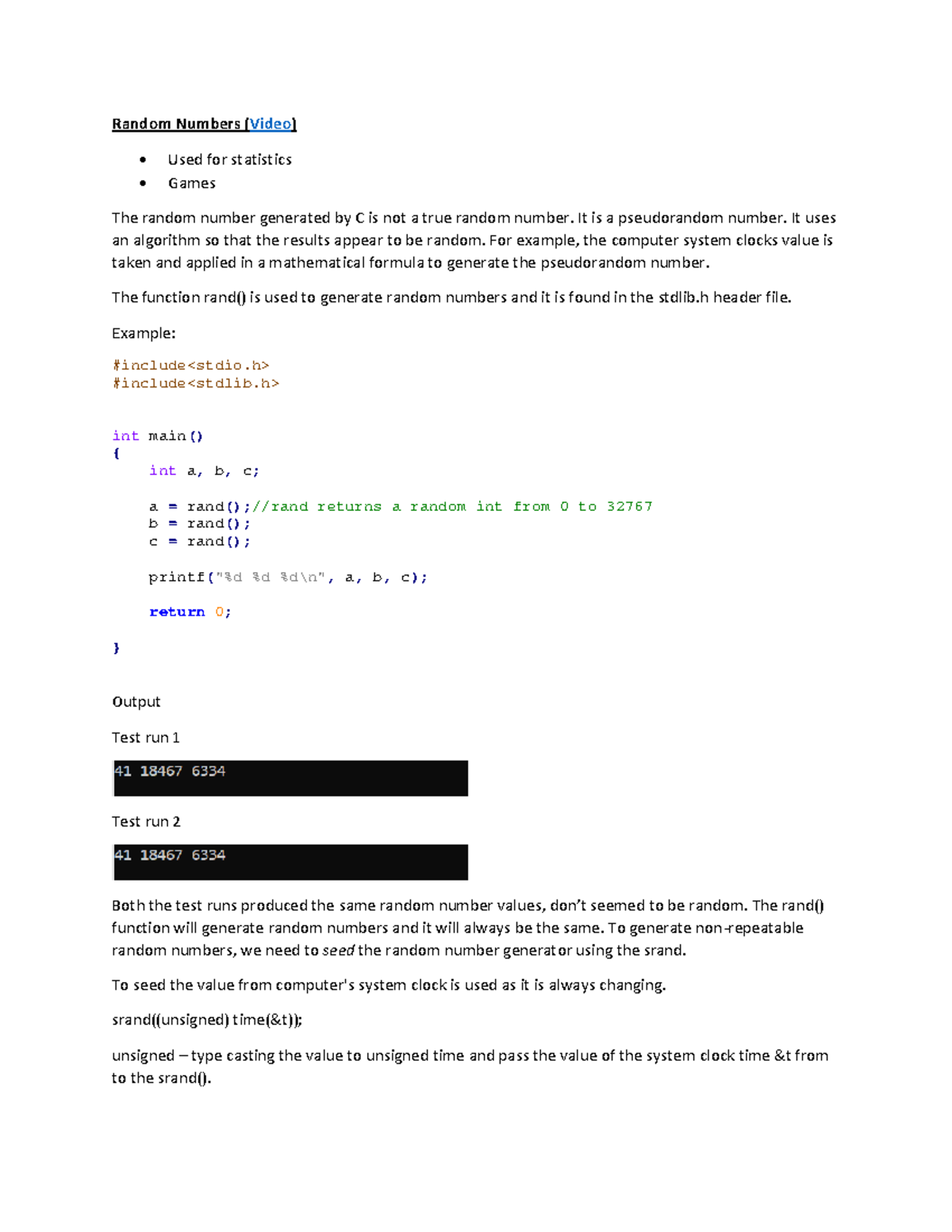 CS36 Lesson 22 Random Numbers 1 Random Numbers Video Used For