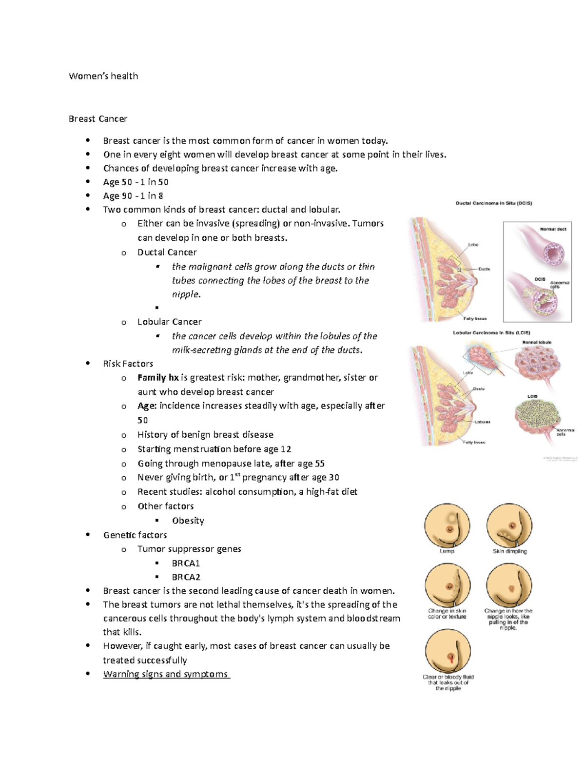 Womens Health Notes - Women’s health Breast Cancer Breast cancer is the ...