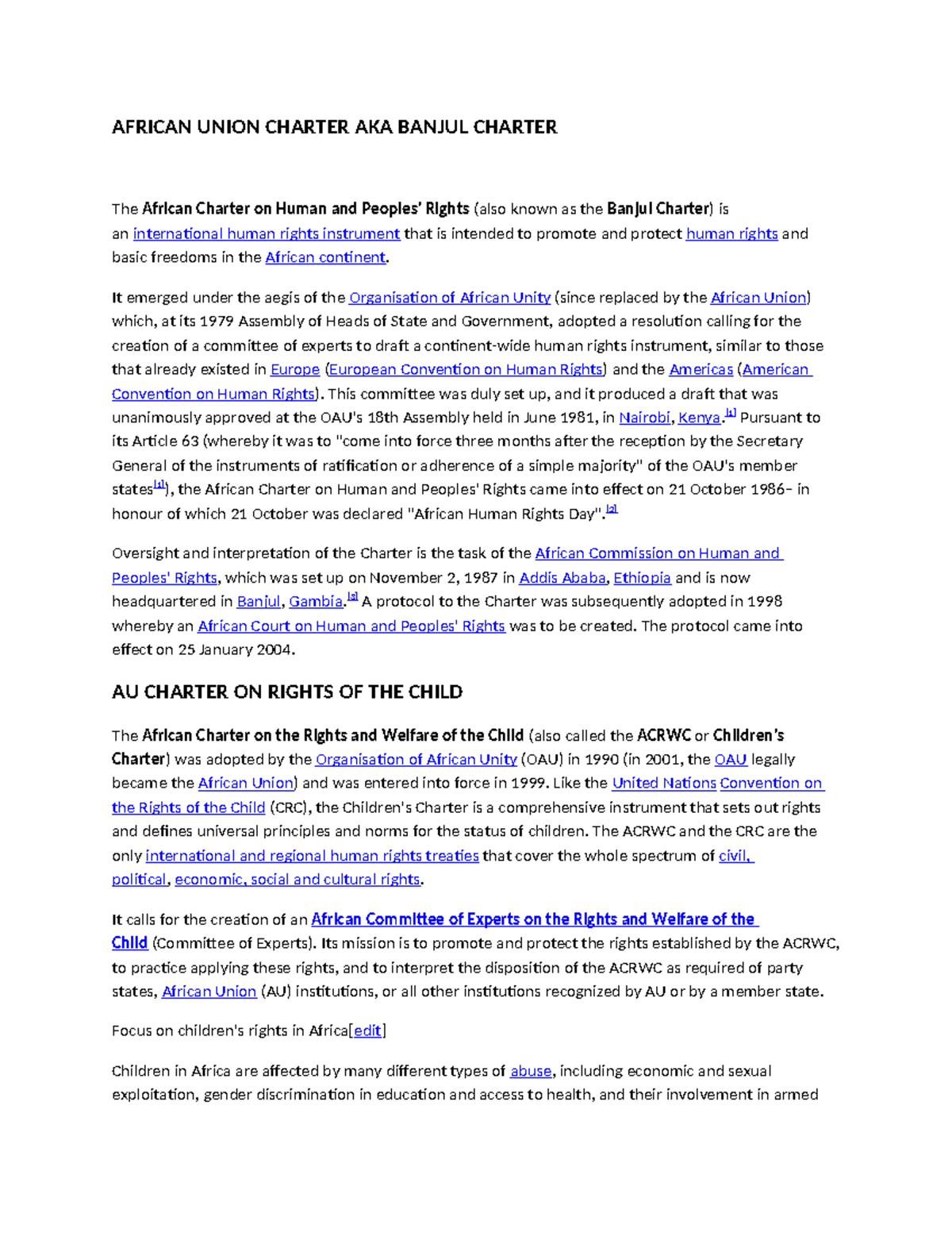 African Union Charter AKA Banjul Charter - AFRICAN UNION CHARTER AKA ...