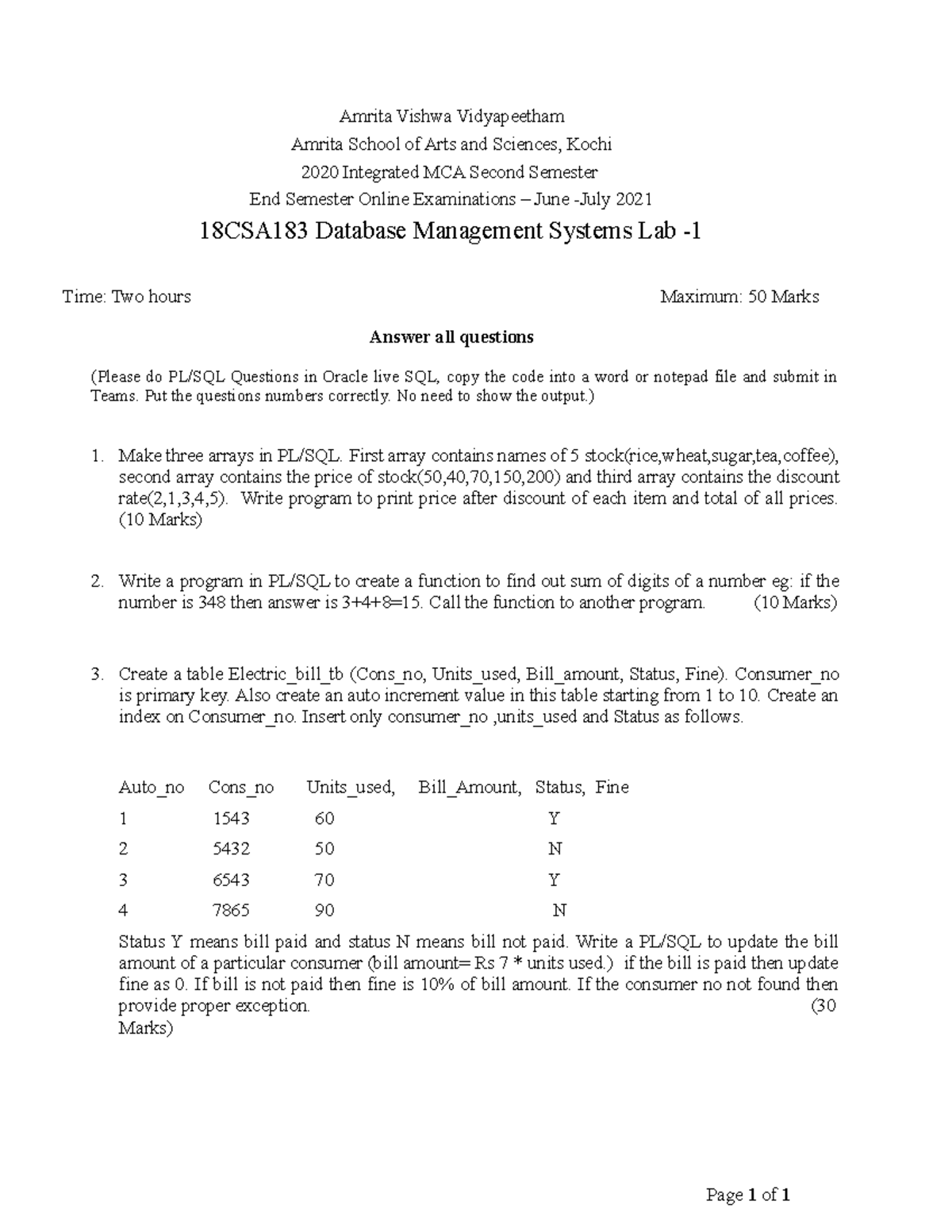 Dbms lab question - Amrita Vishwa Vidyapeetham Amrita School of Arts and Sciences, Kochi 2020 ...