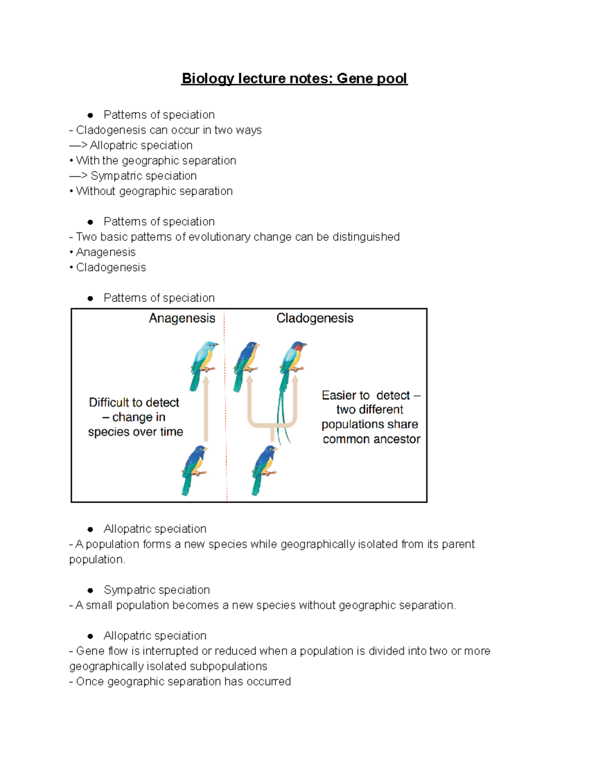Biology lecture notes Gene pool - Sympatric speciation A small ...