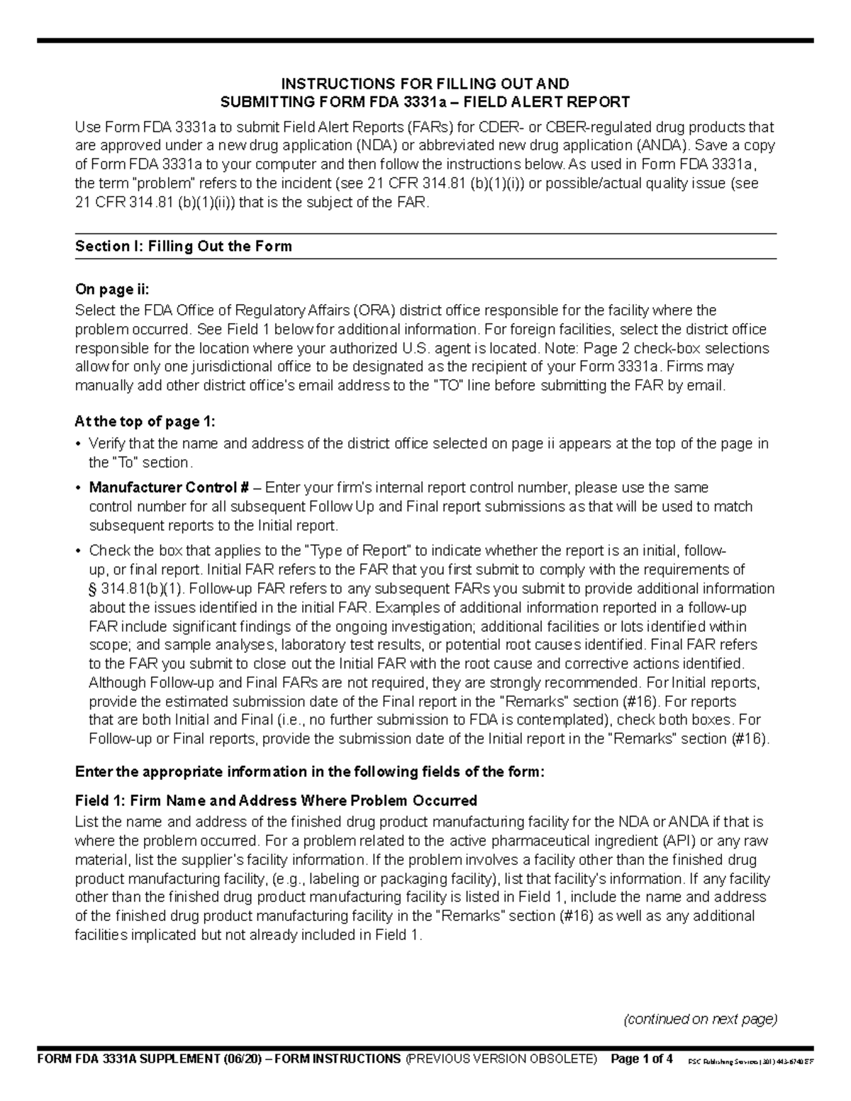 FDA-form-3331a instructions R3 6-1-20 - FORM FDA 3331A SUPPLEMENT (0 6 /20) – FORM INSTRUCTIONS ...