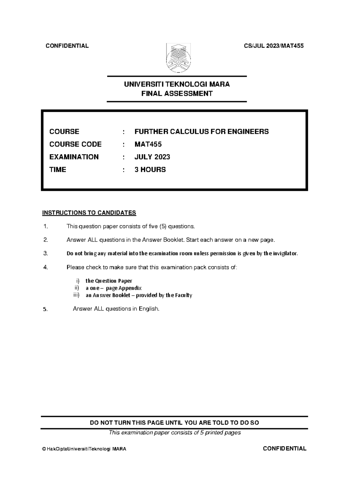 MAT455-2023Jul - Nil - ####### UNIVERSITI TEKNOLOGI MARA ####### FINAL ASSESSMENT ####### COURSE ...