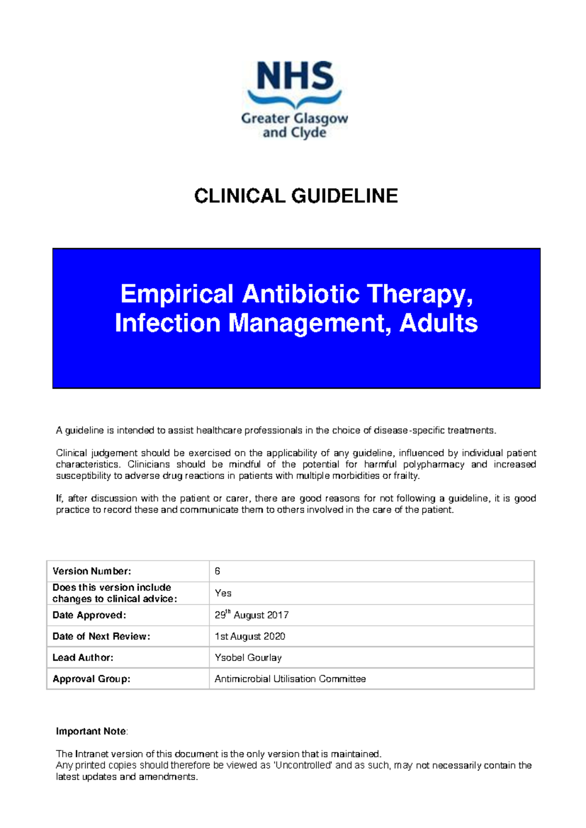 ABX For GGC - GGC Guidlines summary - CLINICAL GUIDELINE A guideline is ...