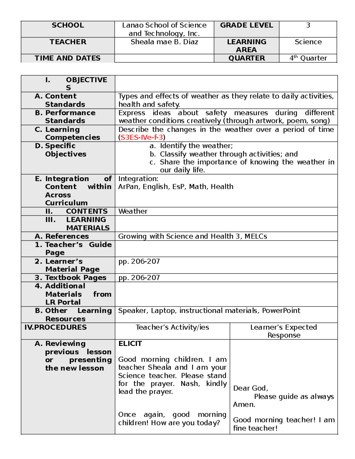 Detailed Lesson Plan Weather - SCHOOL Lanao School of Science and ...