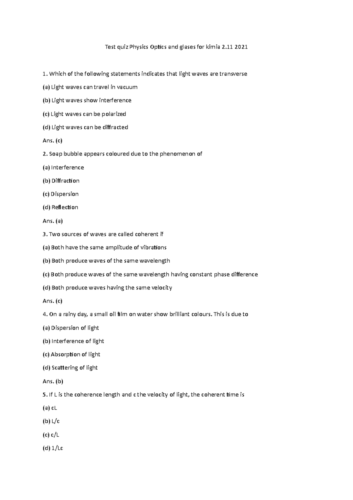 Test quiz Physics Optics and glases for kimia 2.11 2021 - Test quiz ...