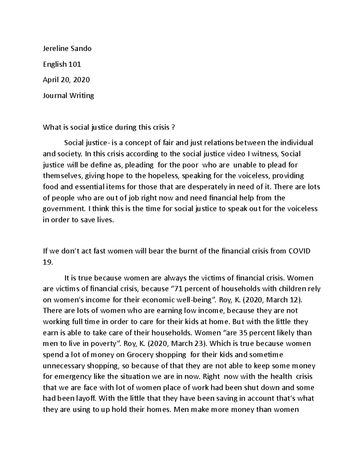 Covid 19 journal - excellent - Jereline Sando English 101 April 20 ...