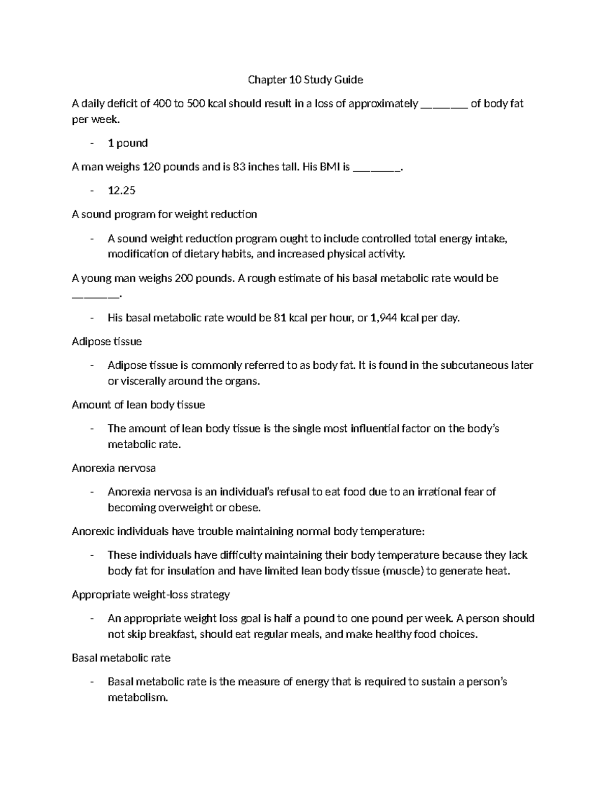 Chapter 10 Study Guide - Chapter 10 Study Guide A daily deficit of 400 ...