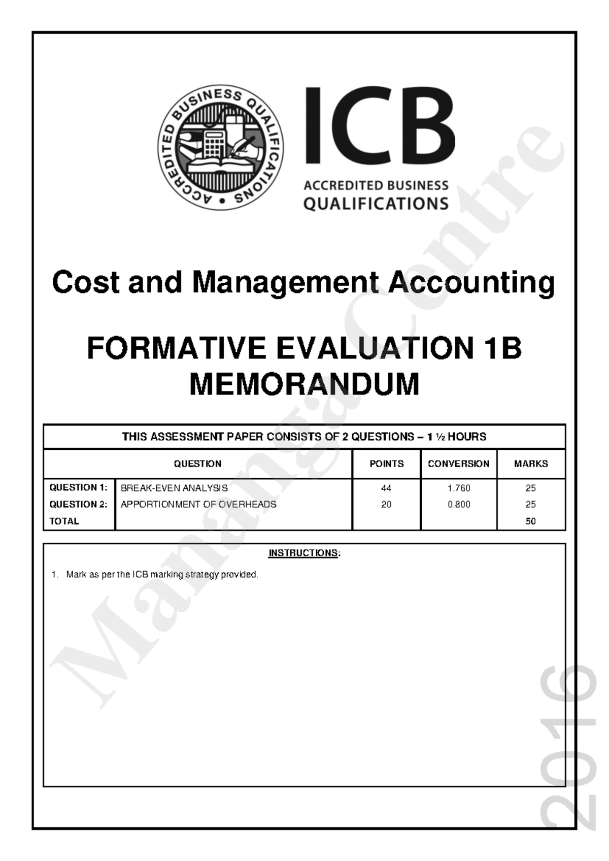 Cost and Management Accounting Formative Evaluation 1B Memorandum ...