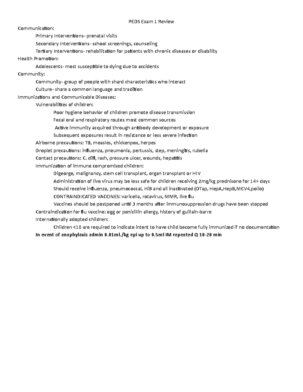 PEDS Exam 1 Review - Lecture notes Exam 1 Content - PEDS Exam 1 Review ...