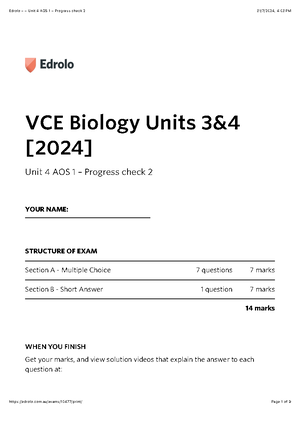 Edrolo – – Unit 4 AOS 1 – Progress check 1 - VCE Biology Units 3& [2024 ...