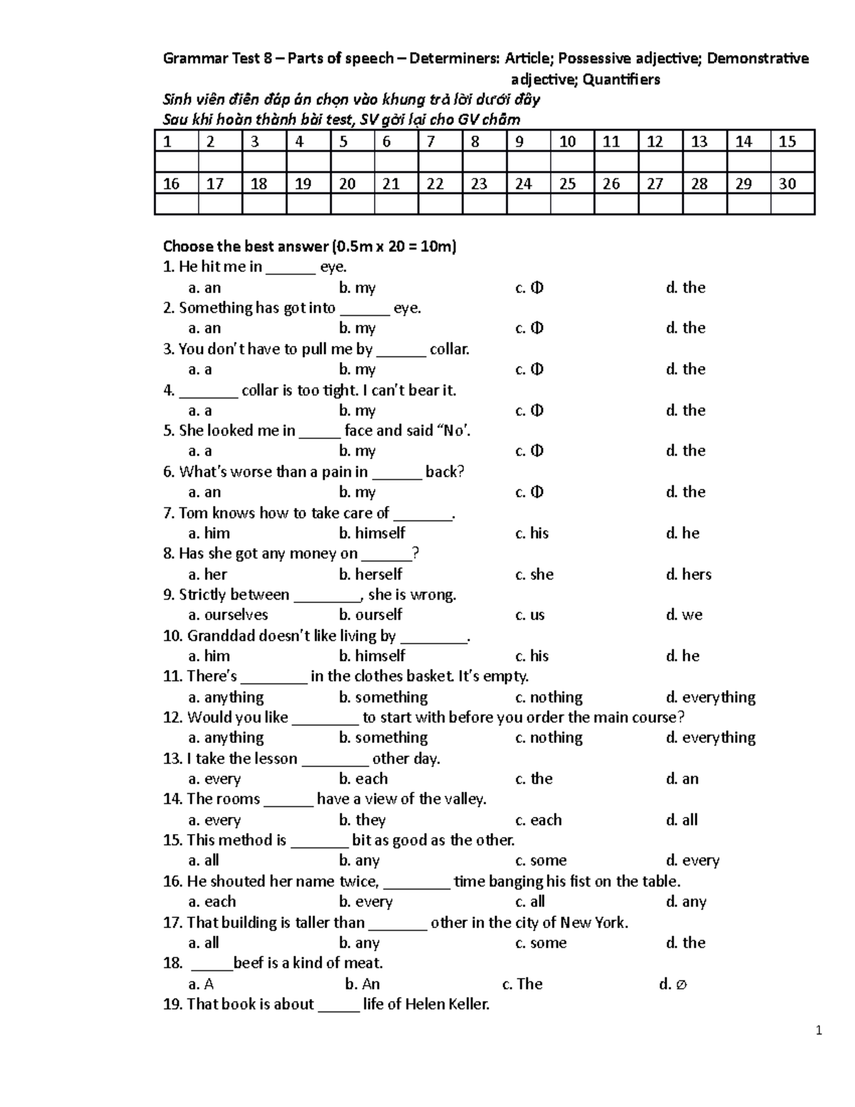 Grammar Test 8 English Grammar Test 8 Parts Of Speech