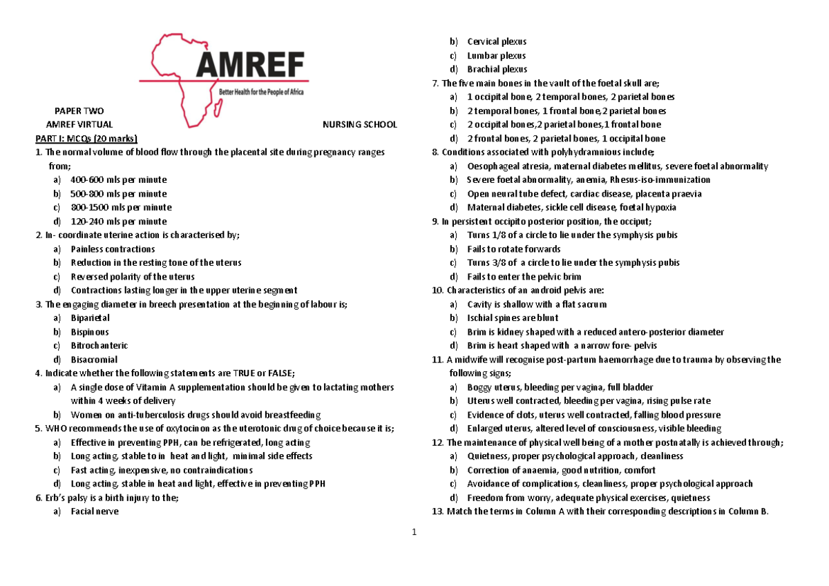 Amref pp2 - Revision - PAPER TWO AMREF VIRTUAL NURSING SCHOOL PART I ...