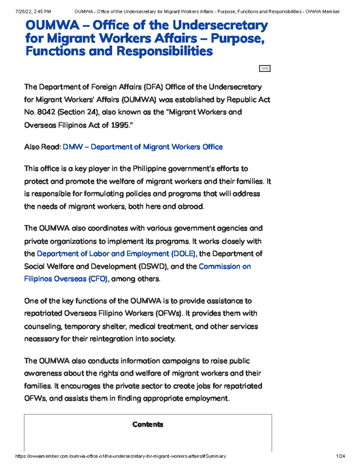 Oumwa - Office of the Undersecretary for Migrant Workers Affairs - Purpose, Functions and - Studocu
