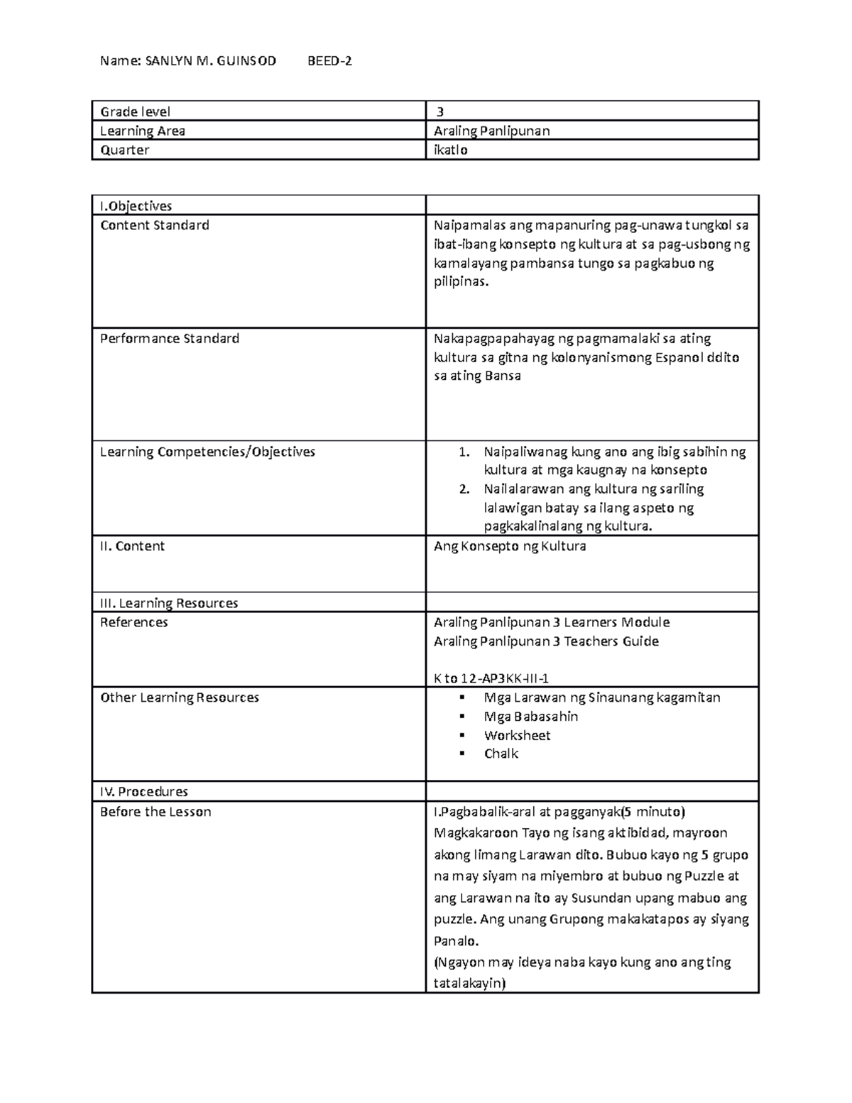 Grade level SSC - educational purposes only. - Name: SANLYN M. GUINSOD ...