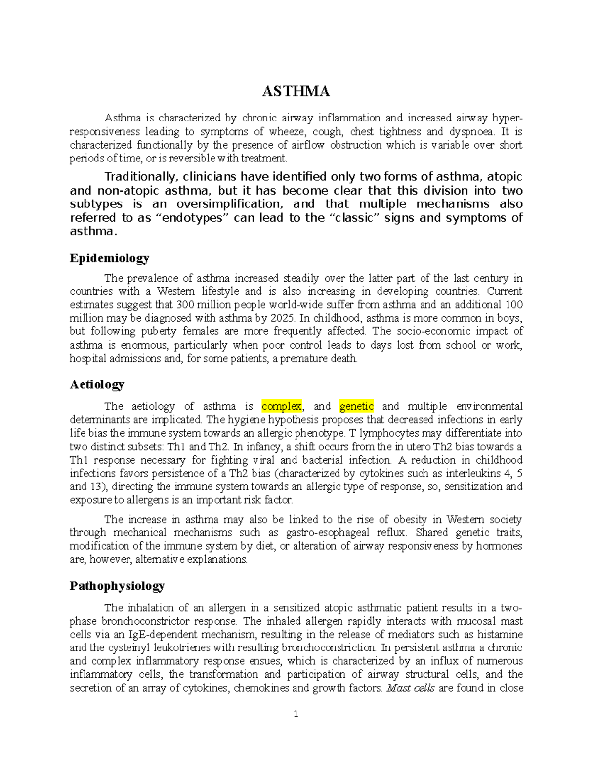 Internal Medecine - Asthma - ASTHMA Asthma is characterized by chronic ...