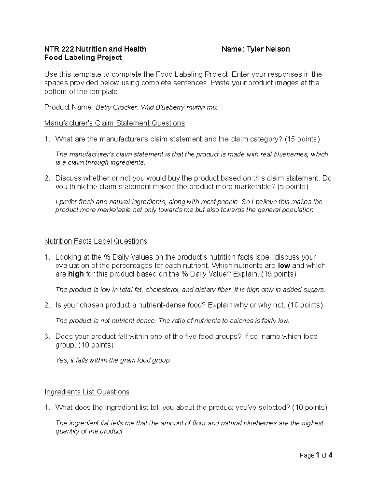 Food Labeling Project Template-2 - NTR 222 Nutrition and Health Name ...