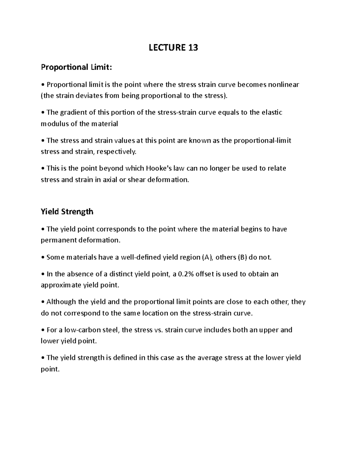 Lecture 13 - plastic deformation and proportional limit - LECTURE 13 ...