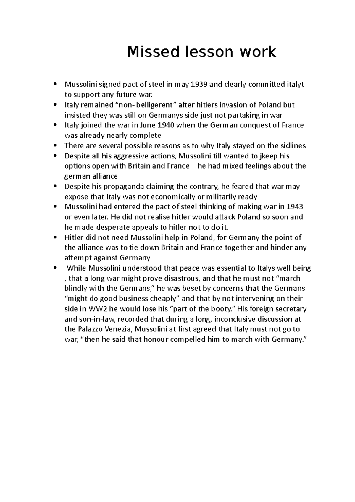 Italy and ww2 - Missed lesson work Mussolini signed pact of steel in ...