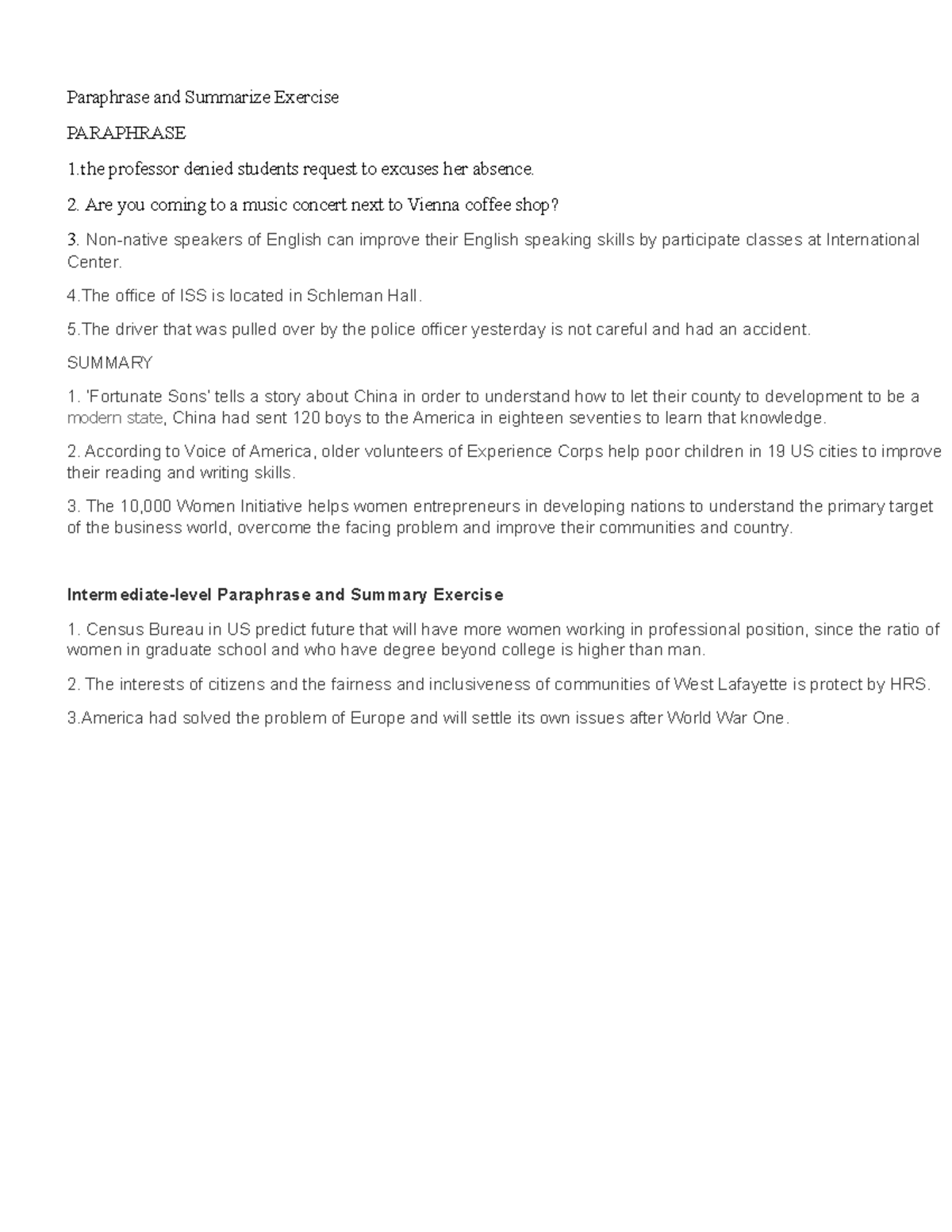 Paraphrase and Summarize Exercise - Paraphrase and Summarize Exercise ...