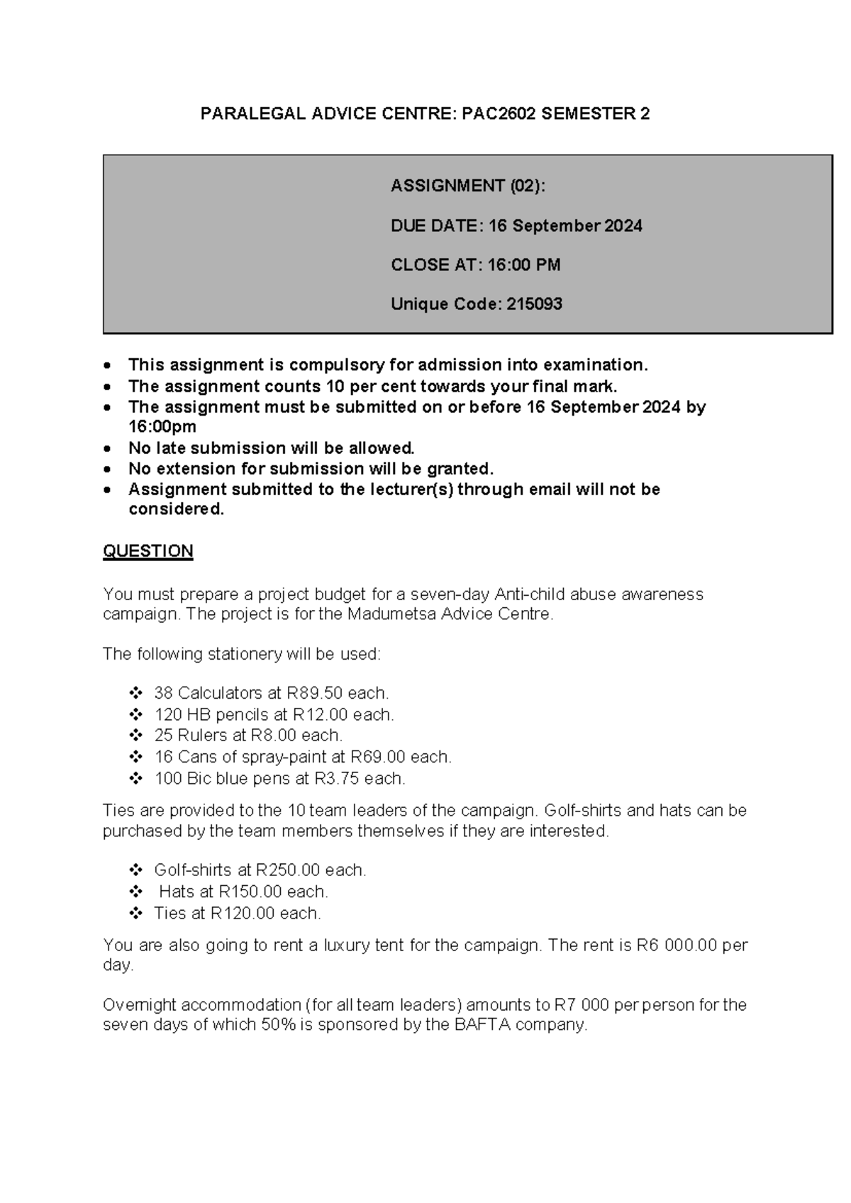 PAC2602 Semester 02 Assignment 02 2024 - PARALEGAL ADVICE CENTRE: PAC2602 SEMESTER 2 ASSIGNMENT ...