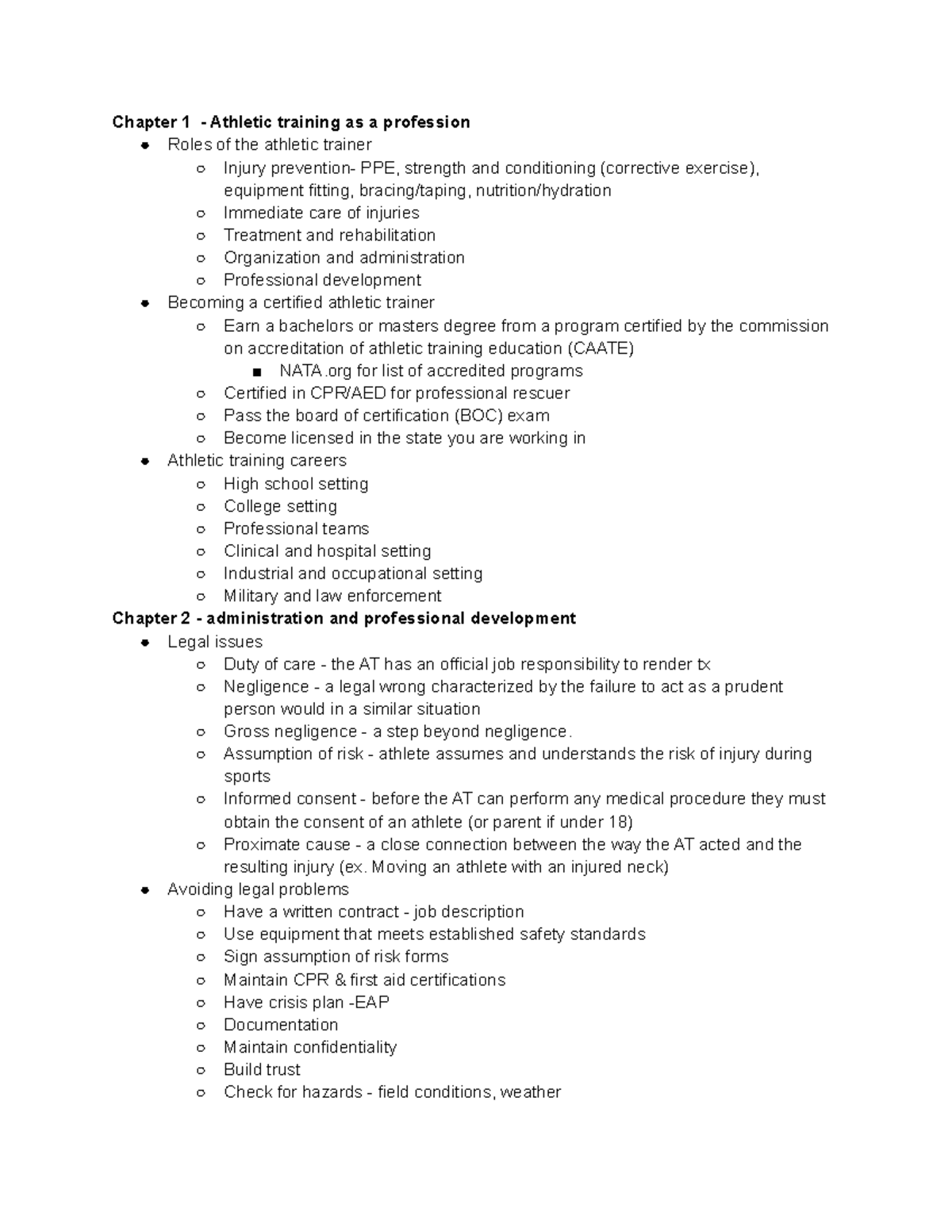 Class Notes Exam 1 - KIN 215 - Chapter 1 - Athletic training as a ...