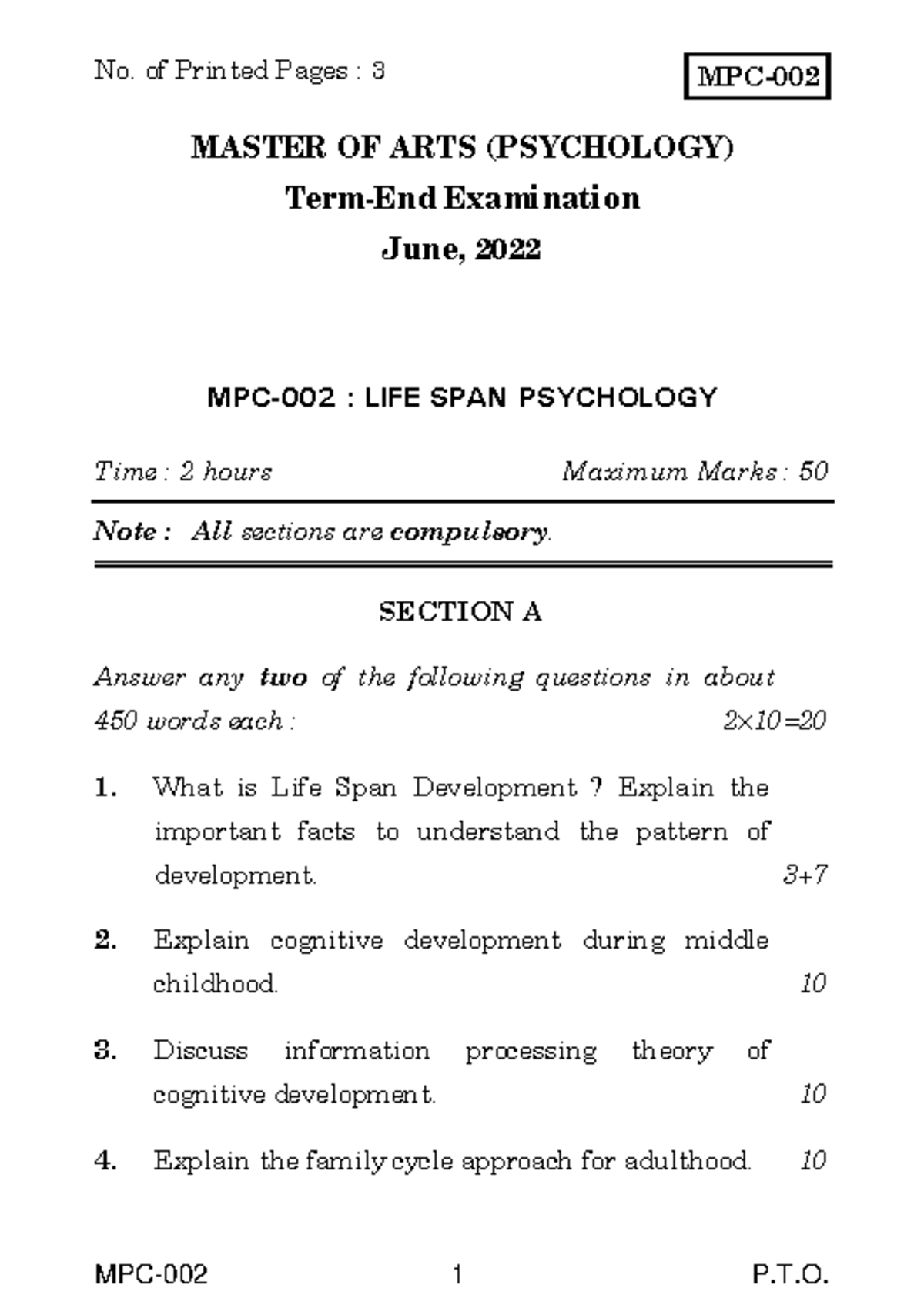 MPC-2 june 2022 - past year question paper - MPC-002 1 P.T. MPC- MASTER ...