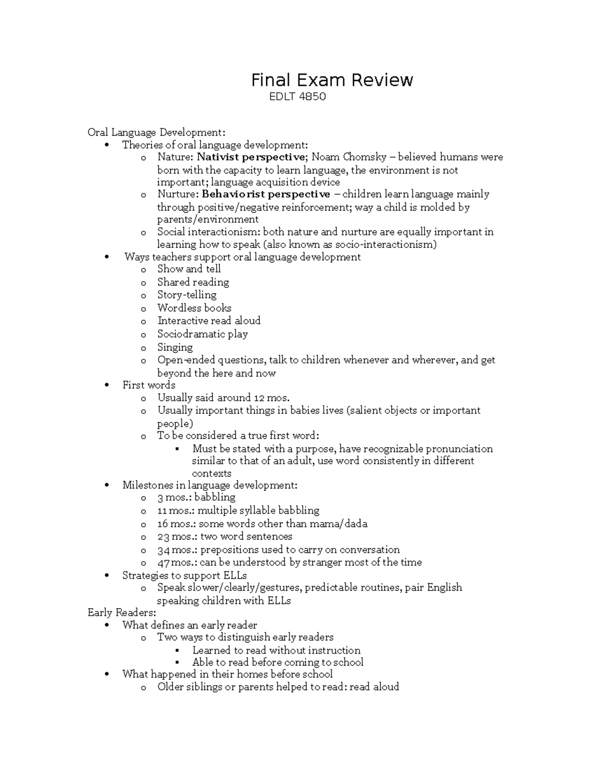 Edlt final - Summary Early Literacy - Final Exam Review EDLT 4850 Oral ...