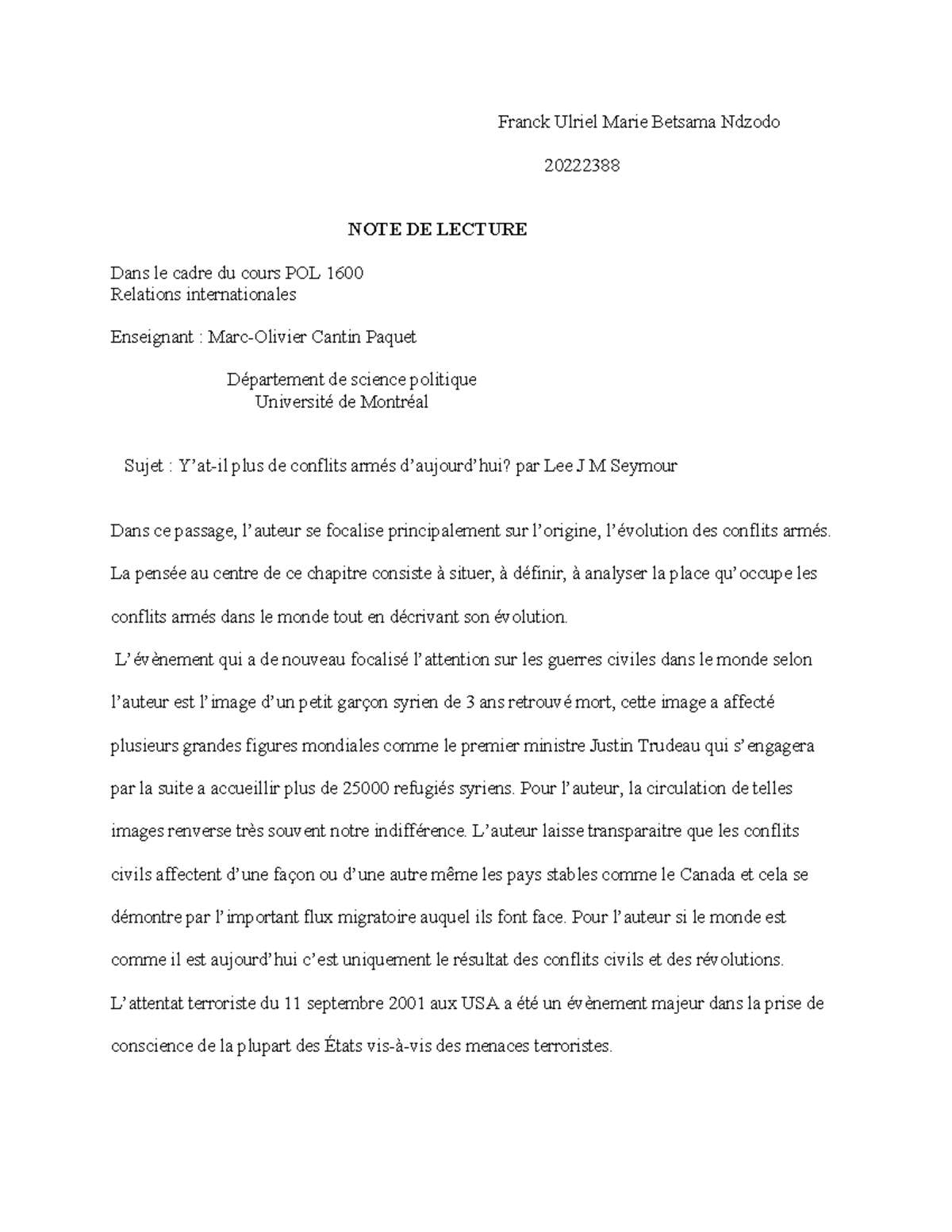 Note de lecture - Franck Ulriel Marie Betsama Ndzodo 20222388 NOTE DE LECTURE Dans le cadre du ...