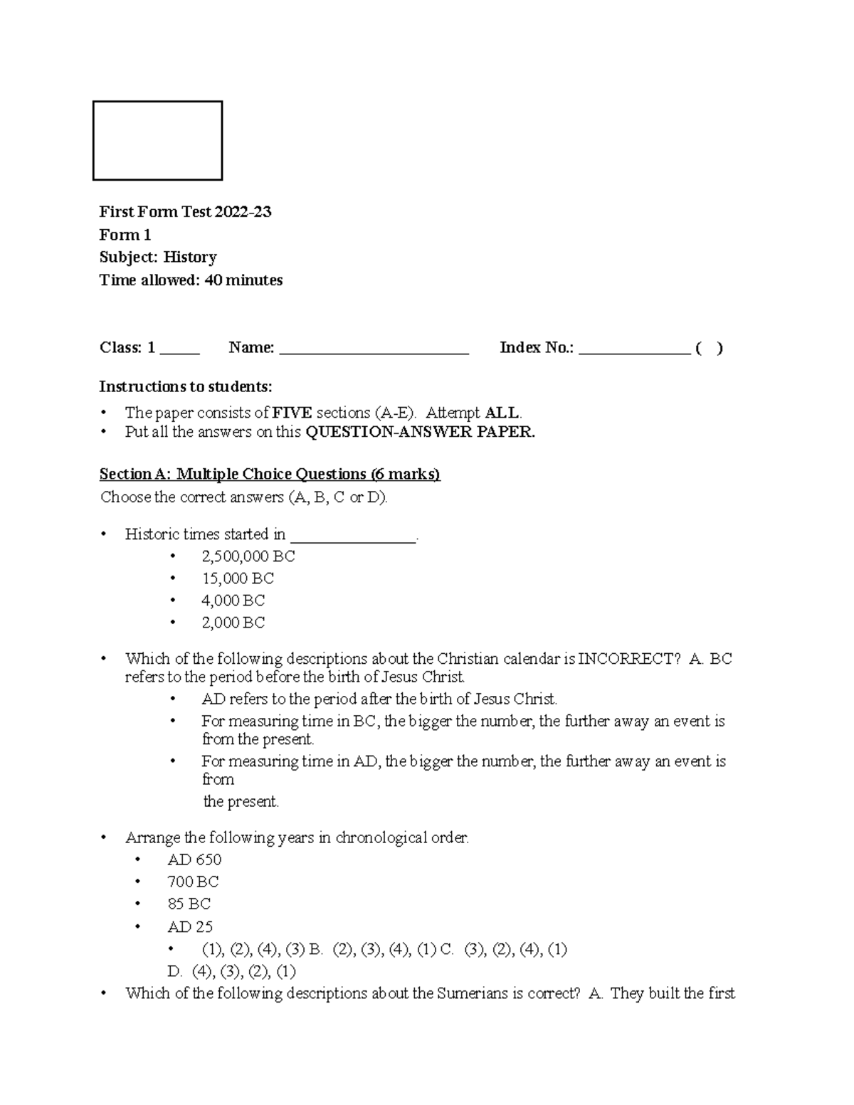 History test F1 Questions - First Form Test 2022- Form 1 Subject ...