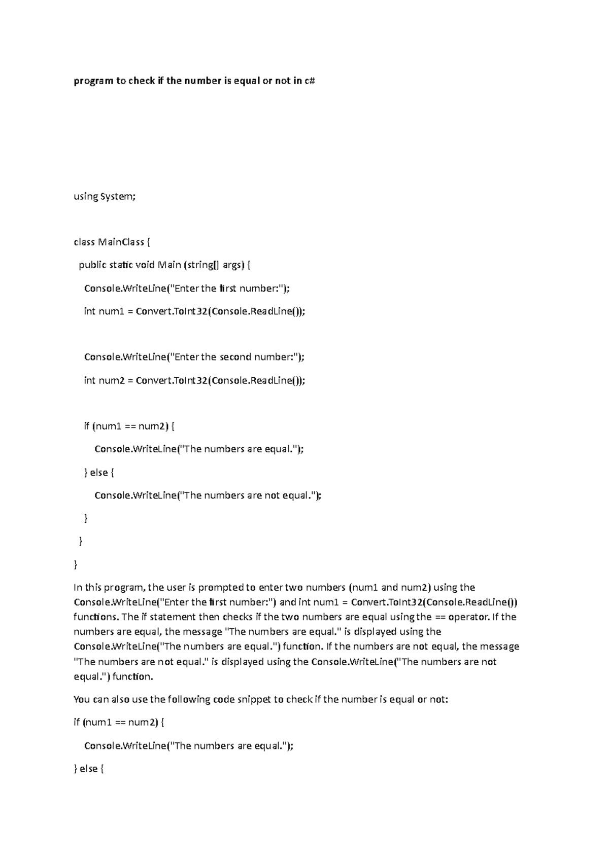 C# equala - Program that checks if the number is equal or not using C# ...