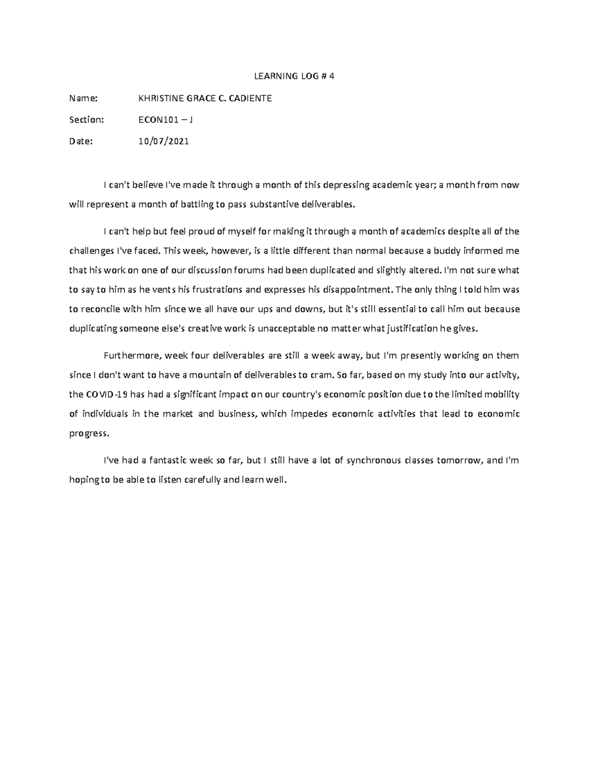 Cadiente KG Learning Log Wk 4 - Economics - BCU - Studocu