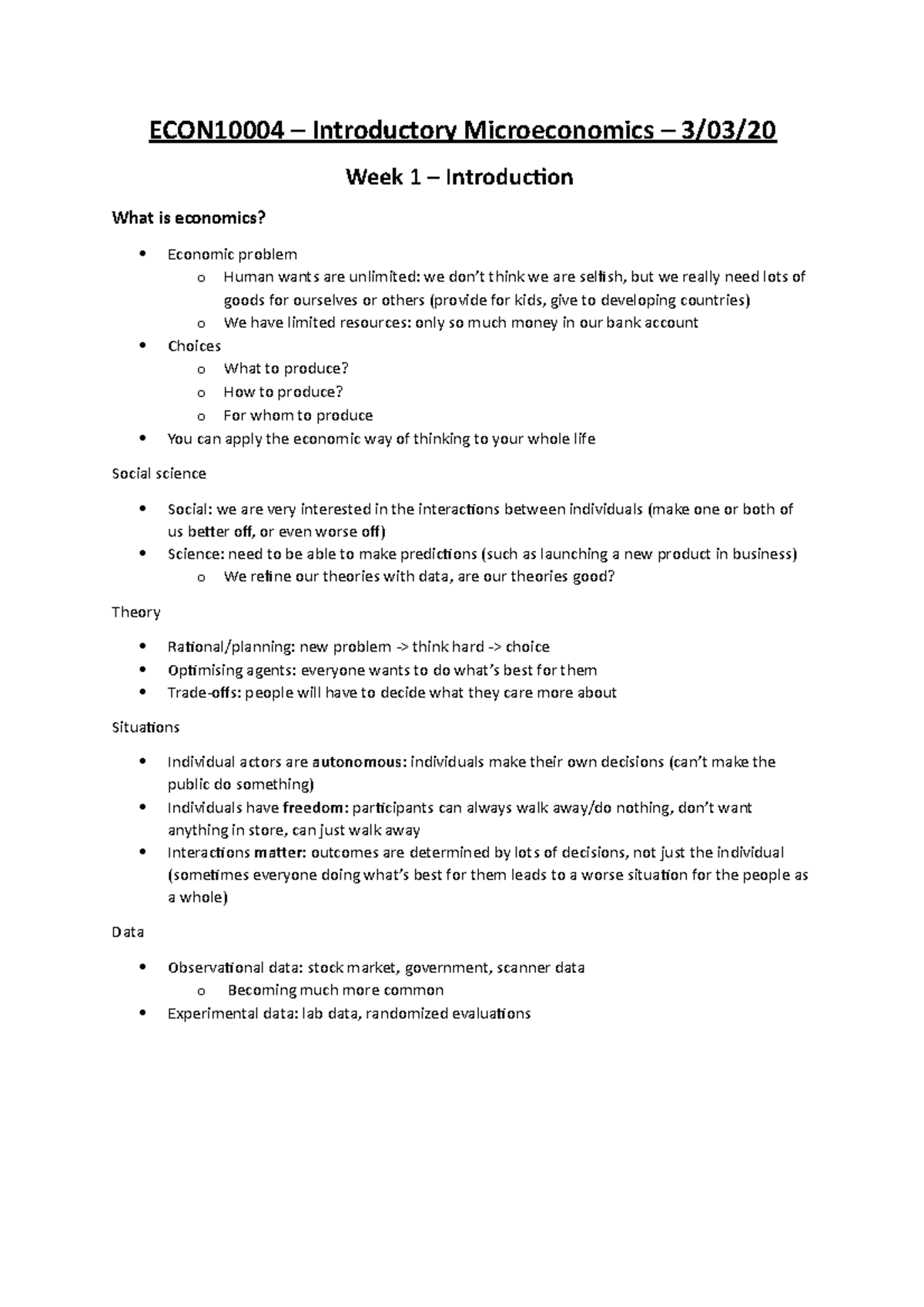 ECON10004 Lecture 1- 03-03-2020[10895 ] - Introductory Microeconomics Week 1 Introduction What ...