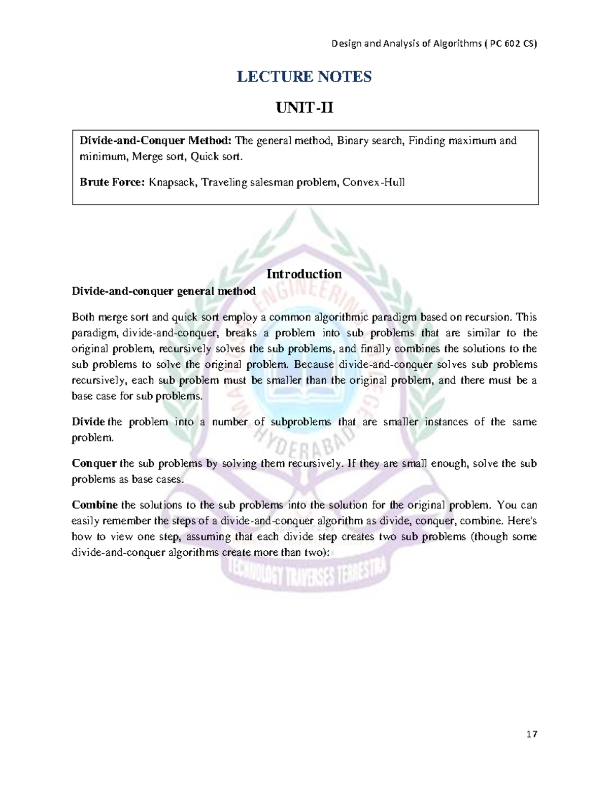UNIT II - edwefq - LECTURE NOTES UNIT-II Introduction Divide-and ...